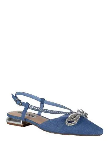 LADY COUTURE Rhinestone Bow Flat Slingback Sandals - Blue Denim