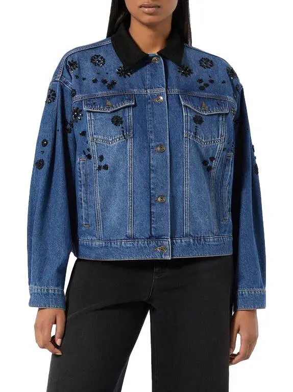 Marina Rinaldi Rhinestone Detail Denim Trucker Jacket - Navy