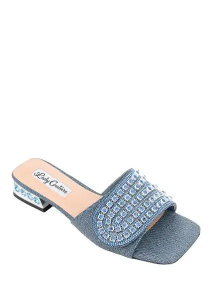 LADY COUTURE Rhinestone Embellished Slingback Sandals - Blue Denim