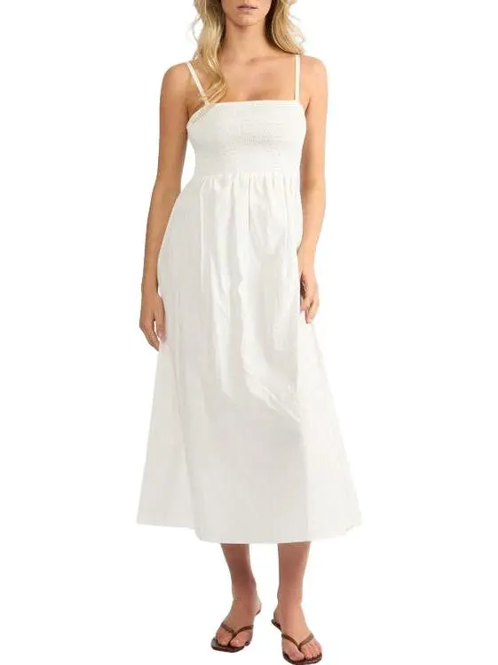 VIENS AVEC MOI Cove Smocked Bodice Cotton Maxi Sundress - White