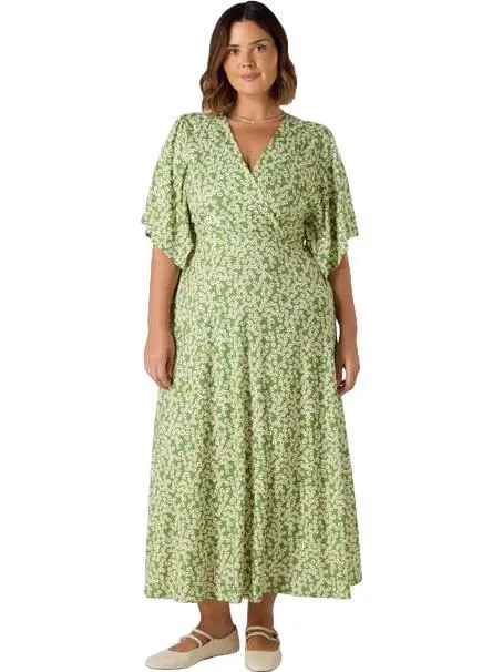 LIVE UNLIMITED Jersey Angel Sleeve Wrap Midi Dress - Green