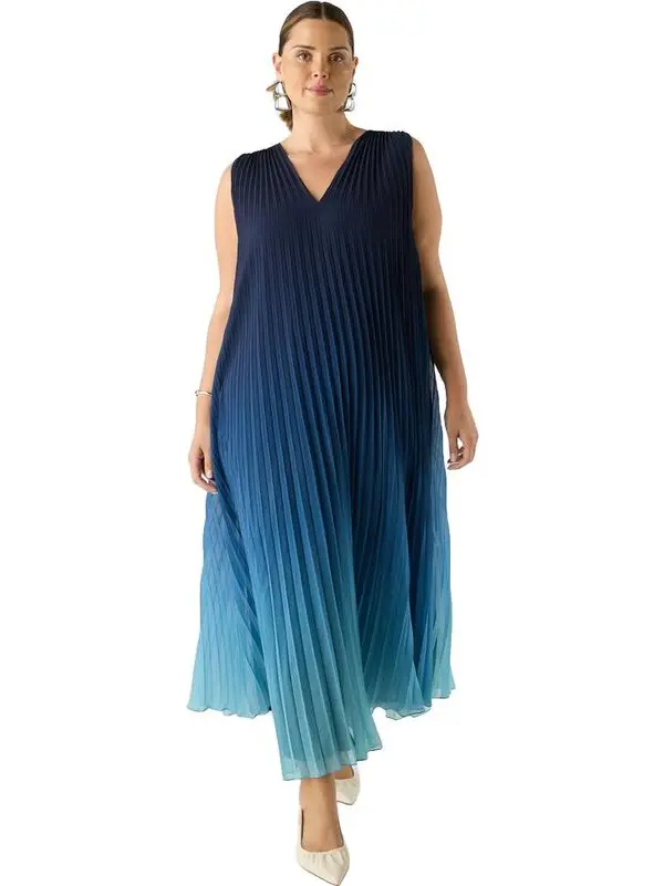 LIVE UNLIMITED Ombre Pleated V-neck Dress - Blue