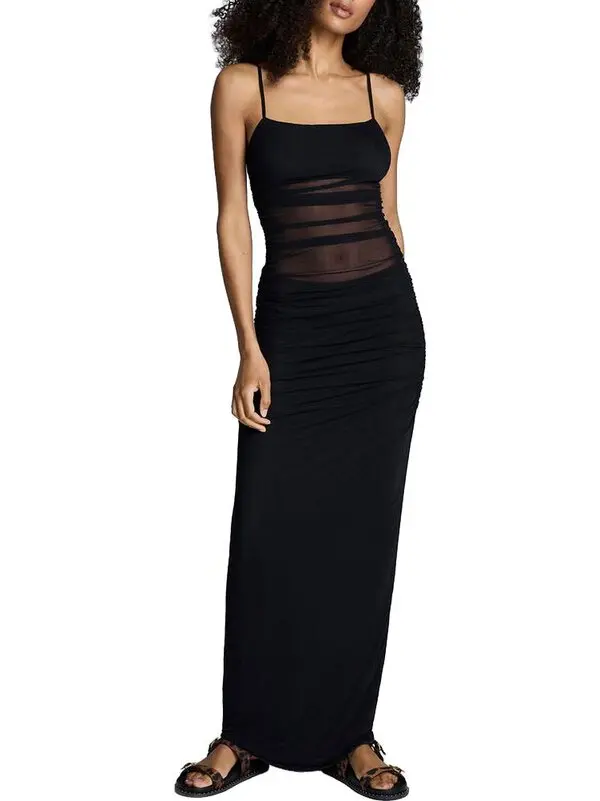 KENNETH COLE Ruched Mesh Maxi Dress - Black