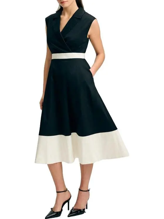 ISAAC MIZRAHI NEW YORK Colorblock Sleeveless Midi Dress - Black/off White