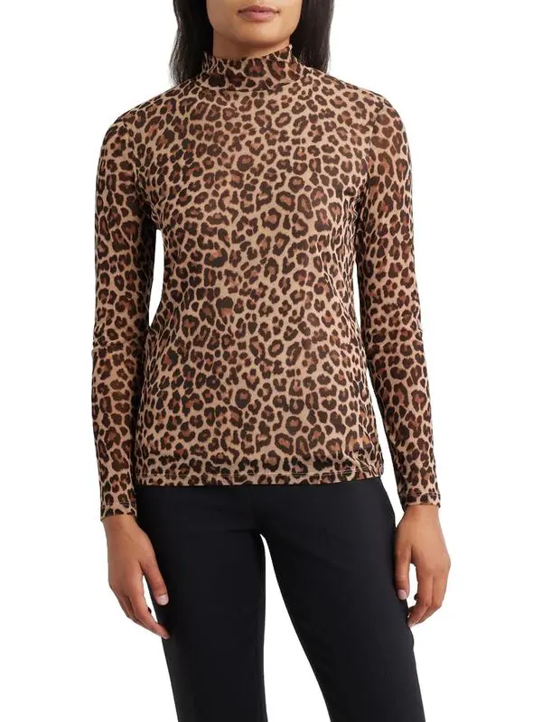Anne Klein Long Sleeve Mock Neck Top - Beige/black Leopard Print