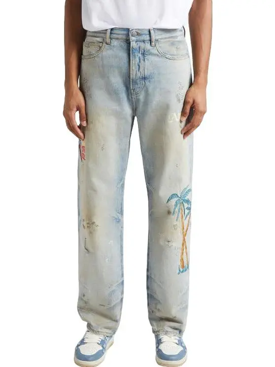 Amiri Sinners Embroidered Distressed Jeans - Perfect Antique Indigo