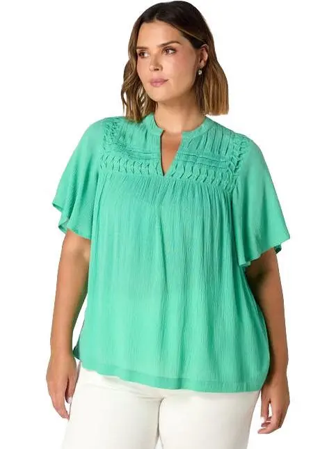 LIVE UNLIMITED Crinkle Smocked Top - Green