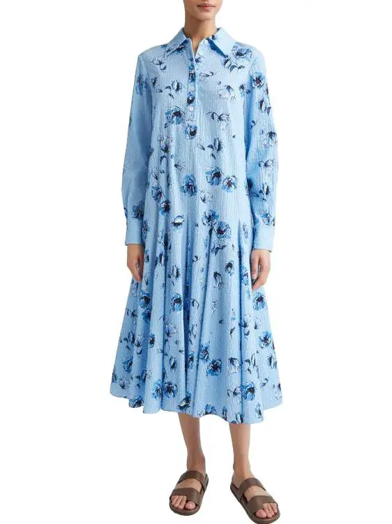 EMILIA WICKSTEAD Marione Floral Swiss Dot Seersucker Shirtdress - Blue Poppies On Baby Blue