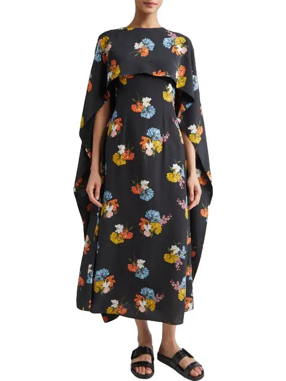 EMILIA WICKSTEAD Alphonse Floral Cape Dress - Retro Bouquet On Black