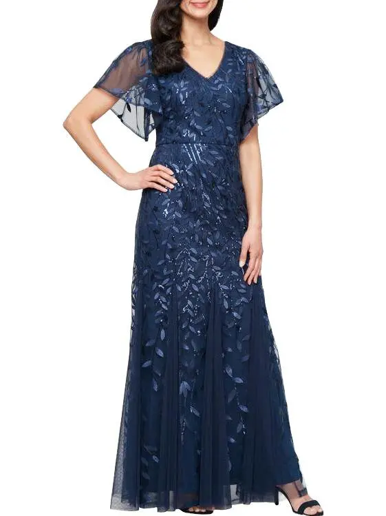 Alex Evenings Embroidered Flutter Sleeve Tulle Mermaid Gown - Navy
