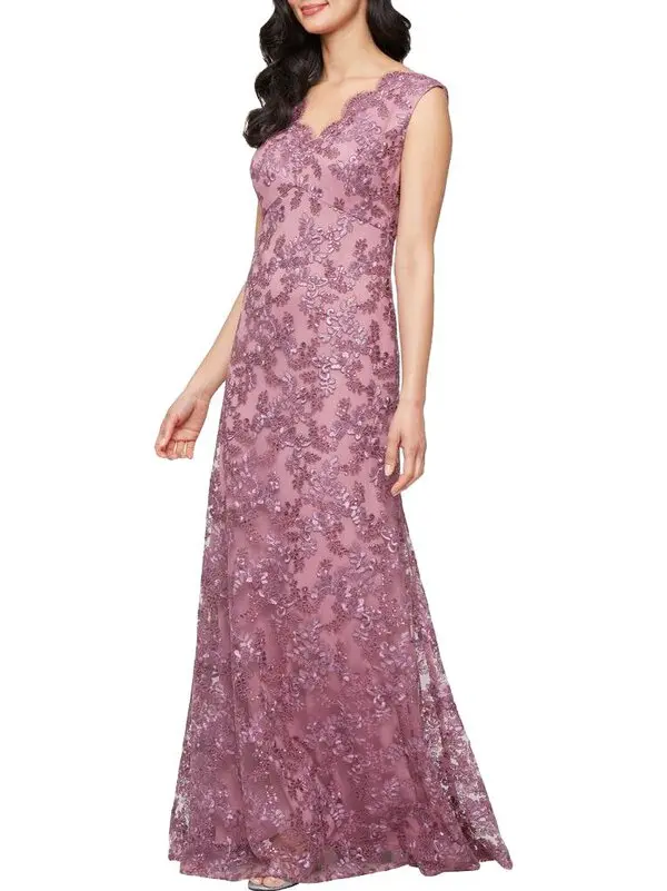 Alex Evenings Embroidered Scalloped Sleeveless Gown - Dark Mauve