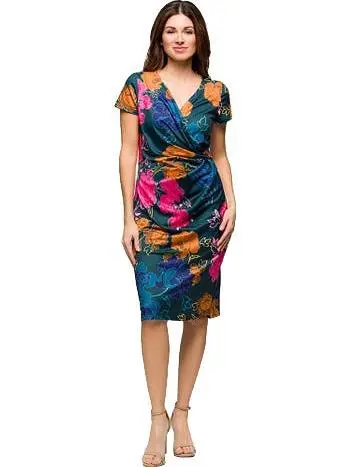24SEVEN COMFORT APPAREL Maternity Floral Faux Wrap Dress - Blue Multi