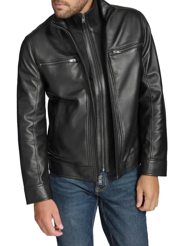 Andrew Marc Leather Moto Jacket With Bib - Black