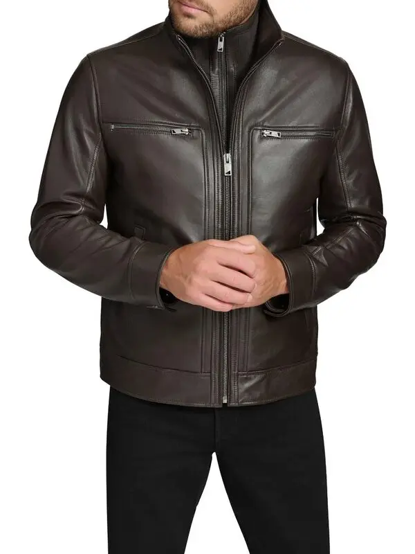 Andrew Marc Leather Moto Jacket With Bib - Dark Brown