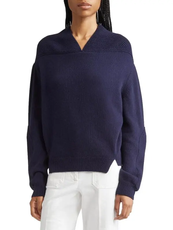 Victoria Beckham V-neck Merino Wool & Cashmere Sweater - Navy
