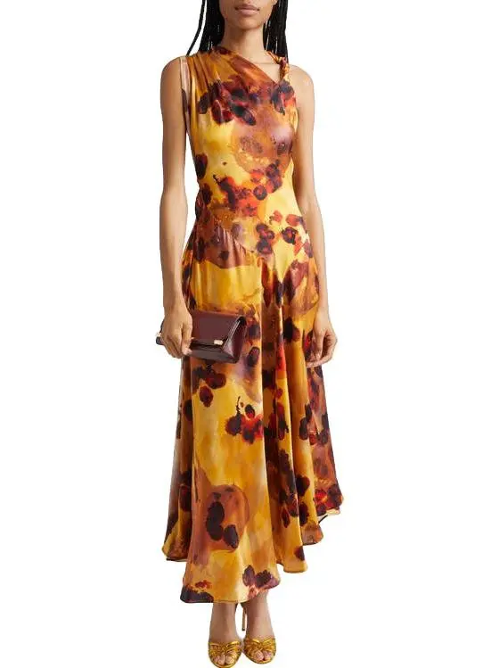 Victoria Beckham Abstract Floral Asymmetric Silk Midi Dress - Amber