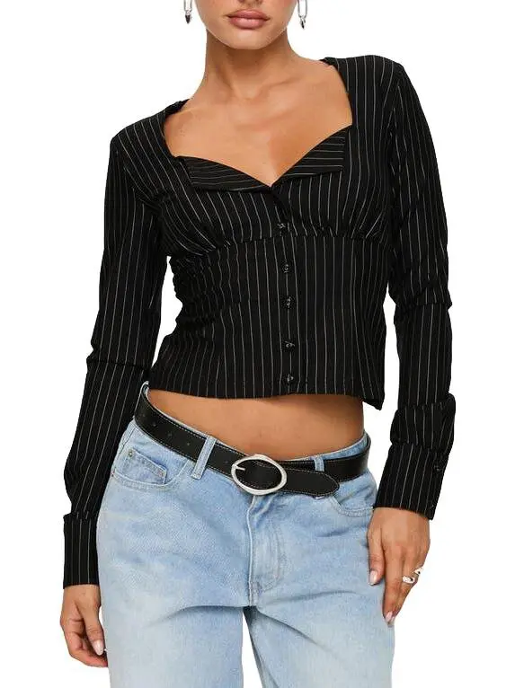 Princess Polly Foldover Neck Crop Top - Black White Pinstripe