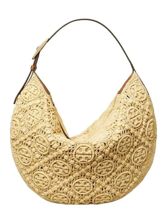 Tory Burch T-monogram Woven Raffia Shoulder Bag - Natural