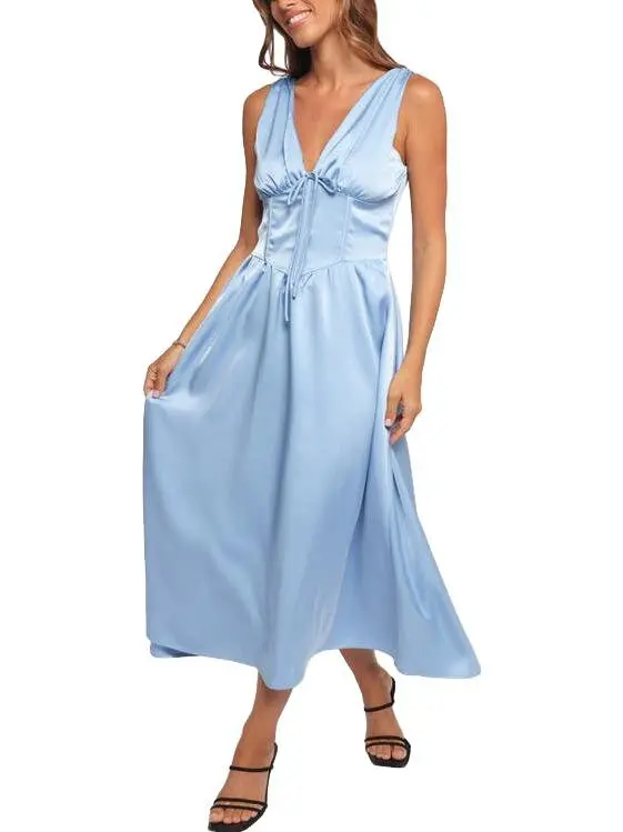 PETAL & PUP Verena Plunge Neck Satin Dress - Periwinkle Blue