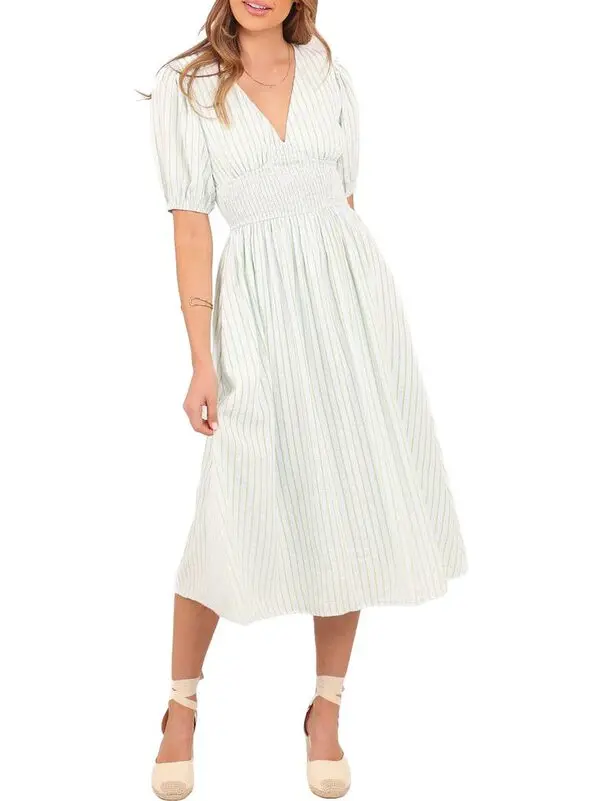PETAL & PUP Stripe Short Sleeve Midi Dress - Green Blue Stripe