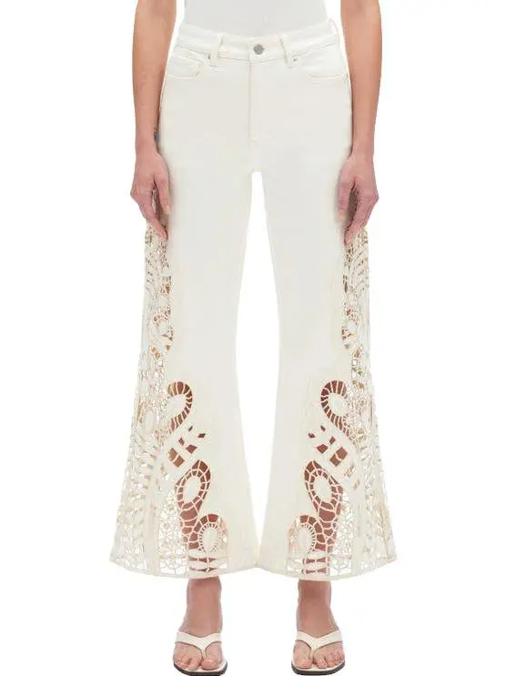 BAYEAS High-waist Embroidered Wide-leg Jeans - Beige
