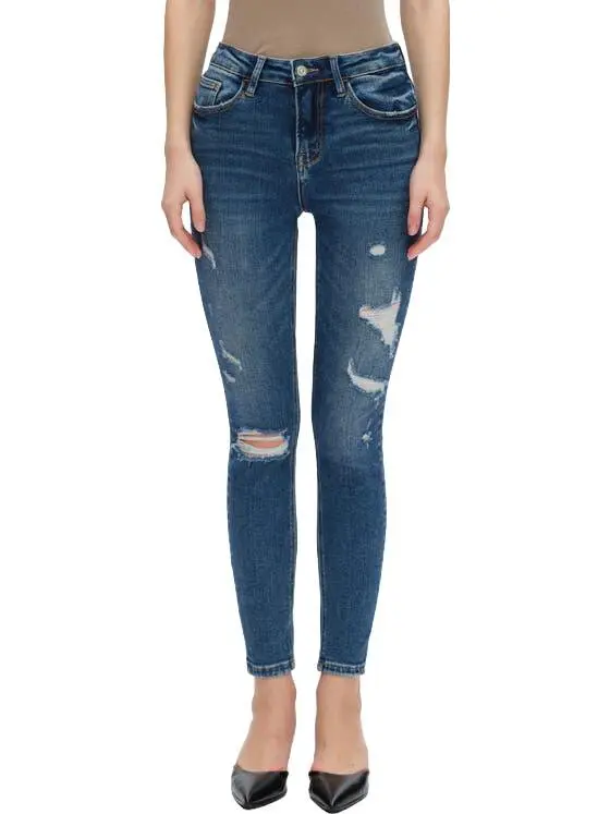 BAYEAS Ripped High-waist Skinny Ankle Jeans - Medium Blue
