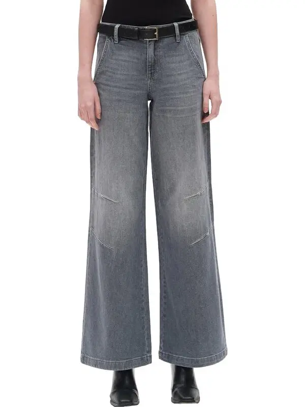 BAYEAS Slant Pocket Mid Rise Wide Leg Jeans - Grey Blue