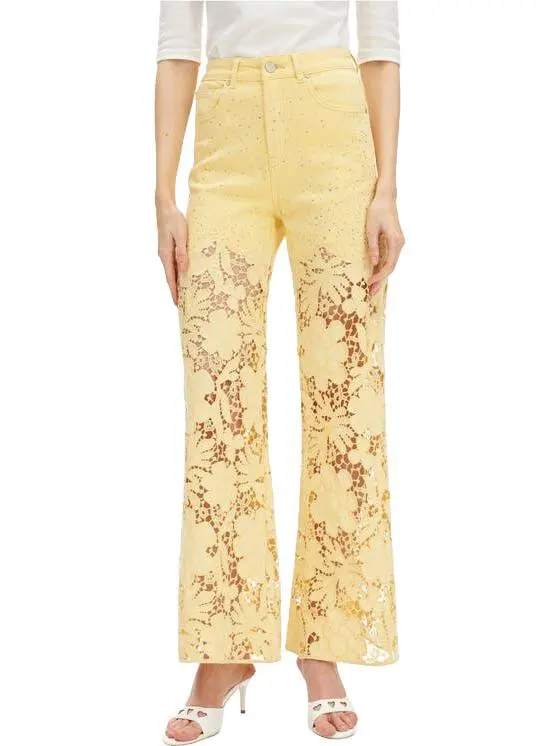 BAYEAS Crystal Embellished Lace Wide-leg Jeans - Butter Yellow
