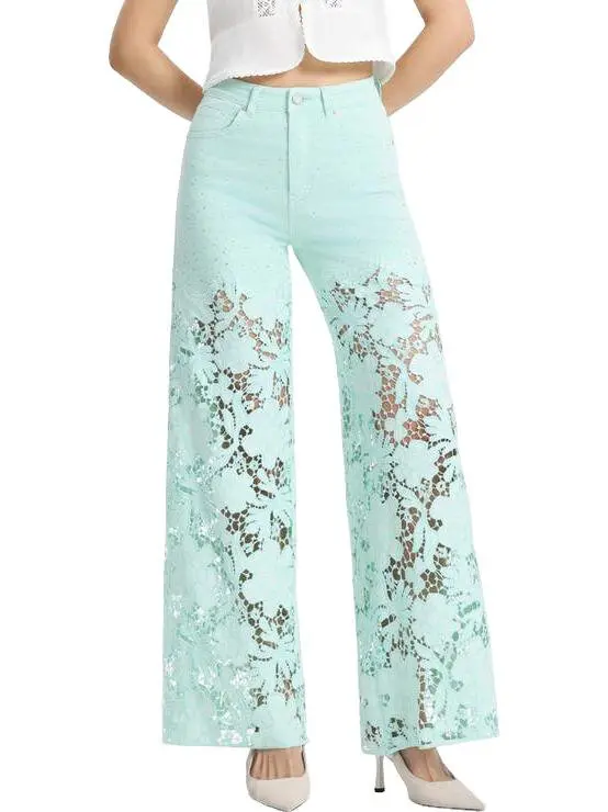 BAYEAS Crystal Embellished Lace Wide-leg Jeans - Mint Green
