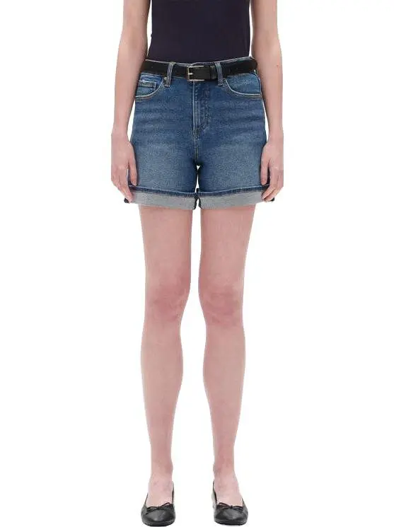 BAYEAS High-waist Denim Cuffed Hem Shorts - Dark Blue