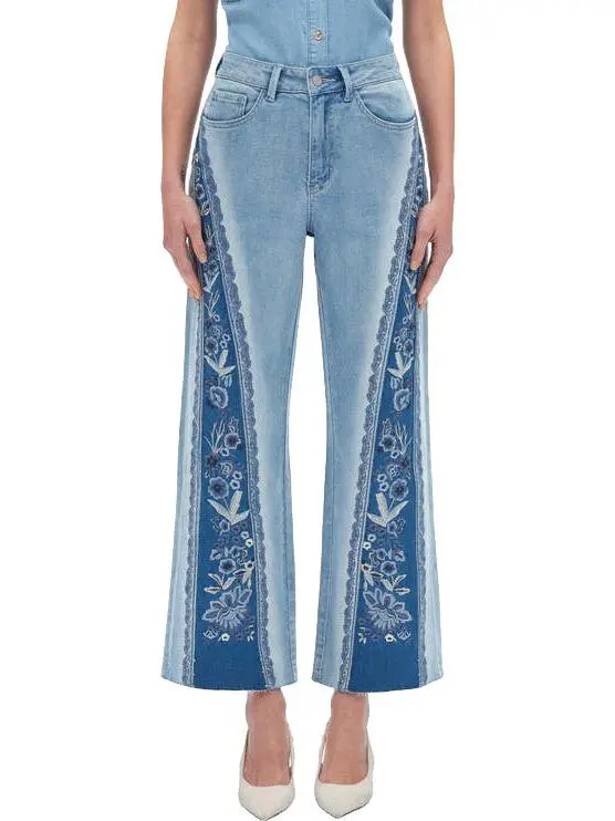 BAYEAS Patchwork Embroidered High-waist Crop Flare Jeans - Medium Blue