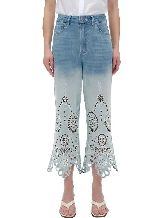 BAYEAS Eyelet High-waist Cropped Wide-leg Jeans - Light Blue