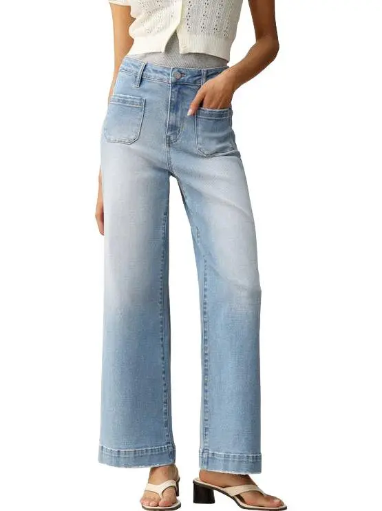 BAYEAS High-waist Wide-leg Jeans With Patch Pockets - Light Blue