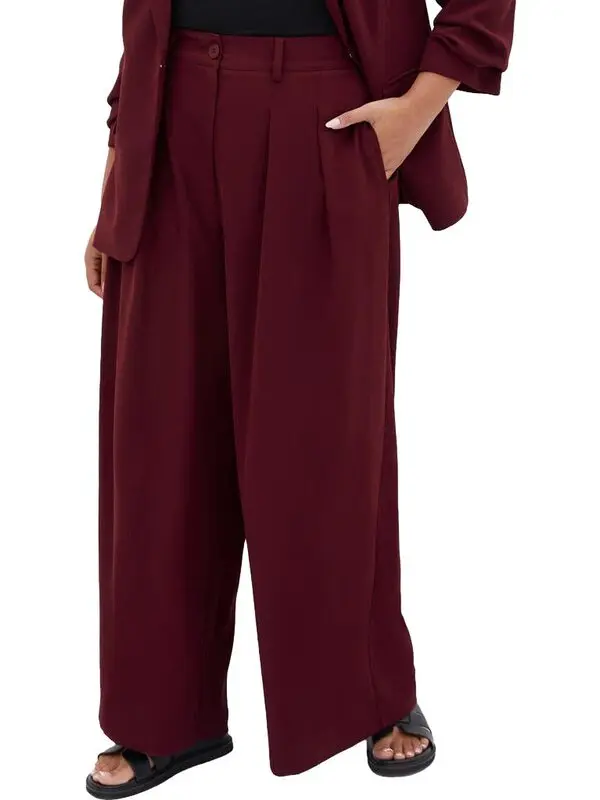 City Chic Wide Leg Pleated Front Pants - Dark Cherry