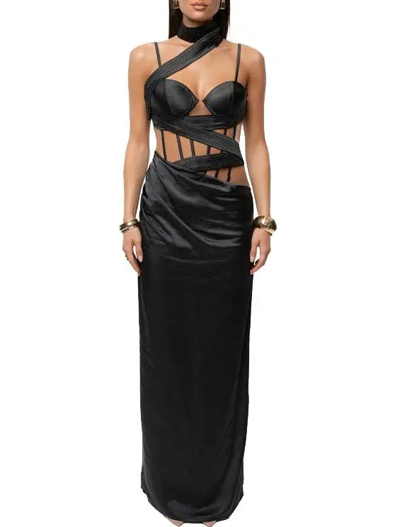 JLUXLABEL Satin Maxi Cocktail Dress - Black