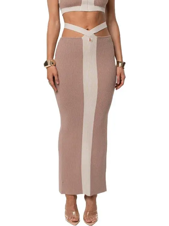 JLUXLABEL Ribbed Crop Top And Skirt Set - Brown