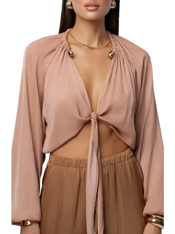 JLUXLABEL Tie Front Crop Top - Mauve