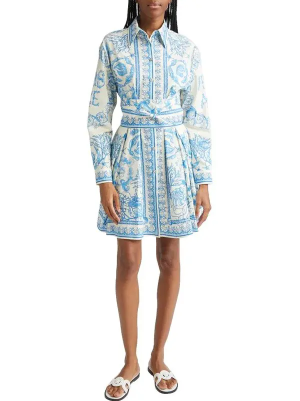Versace Underwater Barocco Long Sleeve Shirtdress - Eggshell Bright Dv Blue