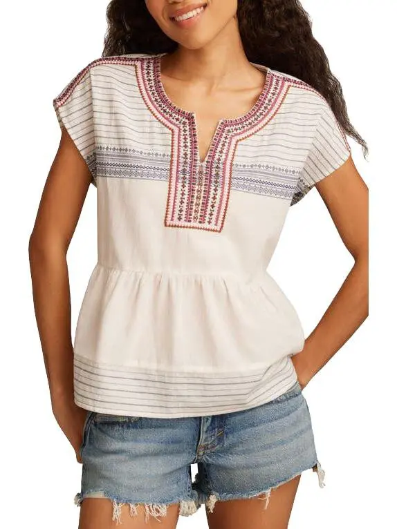 Lucky Brand Embroidered Cotton Peplum Top - Cream And Navy Jacquard