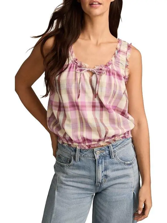 Lucky Brand Ruffle Tie-neck Cotton Top - Purple Plaid