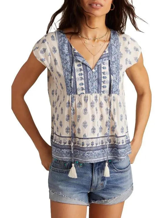 Lucky Brand Printed Split Neck Cotton Top - Blue Multi