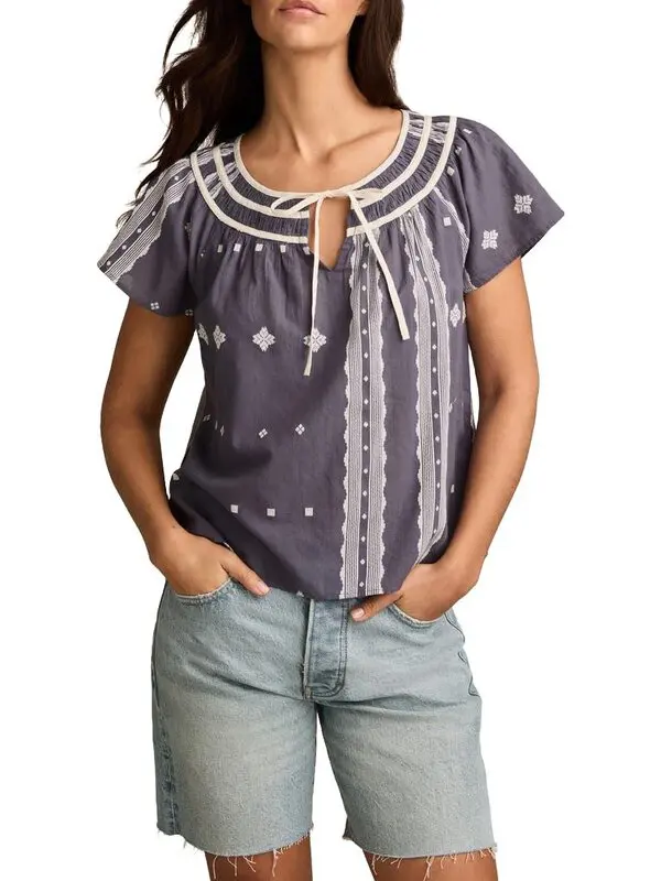 Lucky Brand Embroidered Cotton Peasant Top - Night Shadow Blue