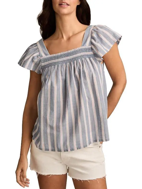 Lucky Brand Stripe Smocked Square Neck Cotton Top - Navy Stripe