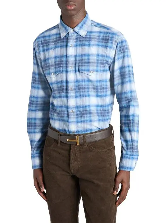 TOM FORD Slim Fit Defused Check Western Shirt - Combo Blue Shades