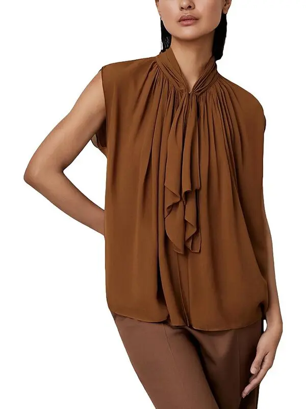 REISS Lucy Ruffle Sleeveless Top - Tan Brown
