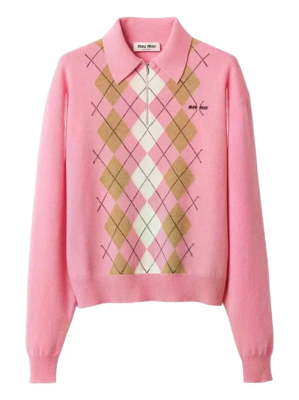Miu Miu Argyle Intarsia-knit Half-zip Sweater - Pink