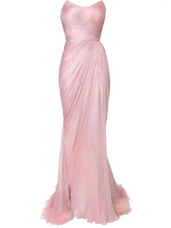 IRIS SERBAN Mera Pleated Feather-trimmed Gown - Pink