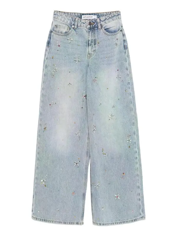SELF-PORTRAIT Crystal-embellished Wide-leg Jeans - Blue