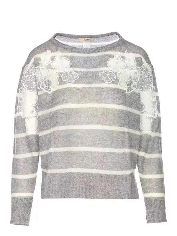 TWINSET Striped Sweater With Lace Embroidery - Grey