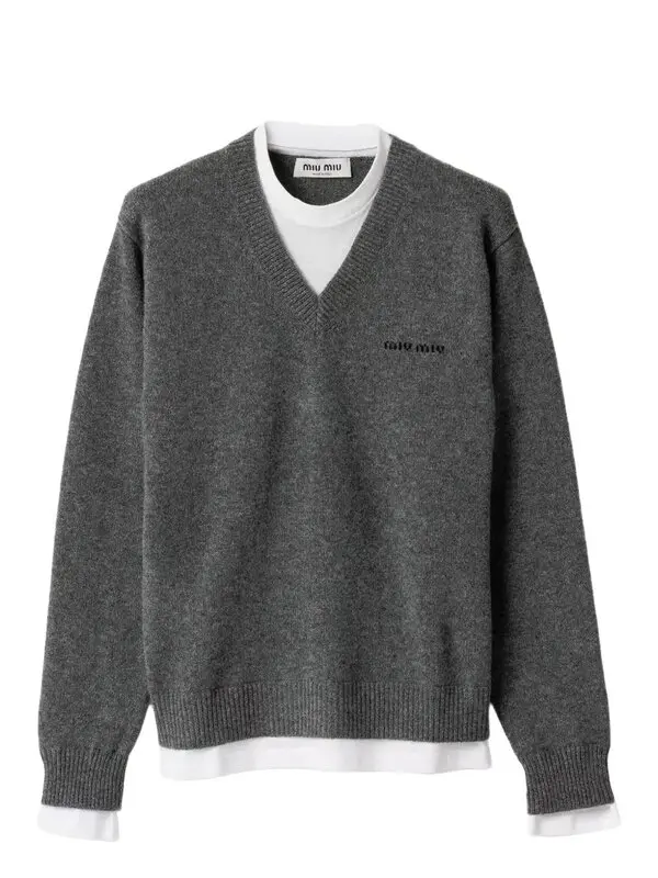 Miu Miu Intarsia-logo V-neck Sweater - Grey
